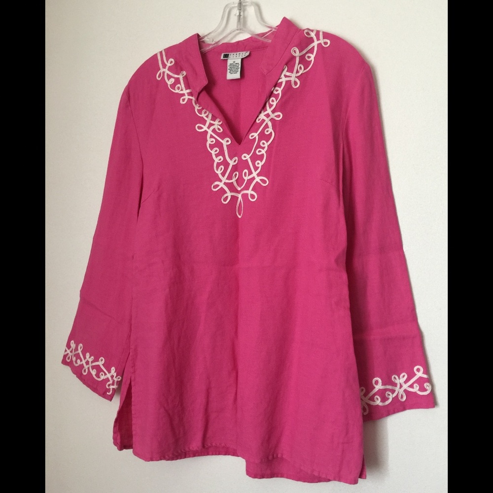 Carole Little 100% Linen Pink V-Neck Collar With Whit… - Gem